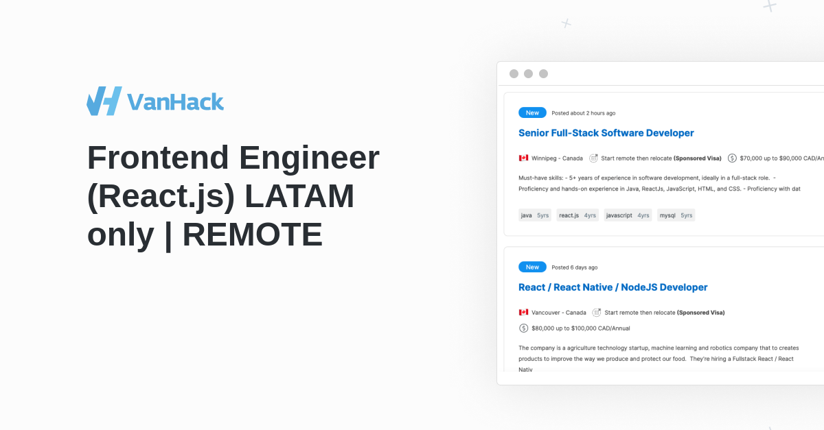 Frontend Engineer (React.js) LATAM only | REMOTE - VanHack
